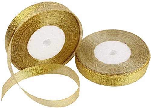 2 Rolls 50 yards Metallic Gold Glitter Ribbons, 5/8 Inch Sparkly Fabric Width Ribbon for Gift Wrapping, crafts, Holiday Wedding Birthday Party Decoration Floral DIY work, (25yards gold ribbon, 2 pack)