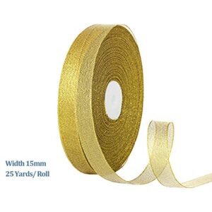 2 Rolls 50 yards Metallic Gold Glitter Ribbons, 5/8 Inch Sparkly Fabric Width Ribbon for Gift Wrapping, crafts, Holiday Wedding Birthday Party Decoration Floral DIY work, (25yards gold ribbon, 2 pack)