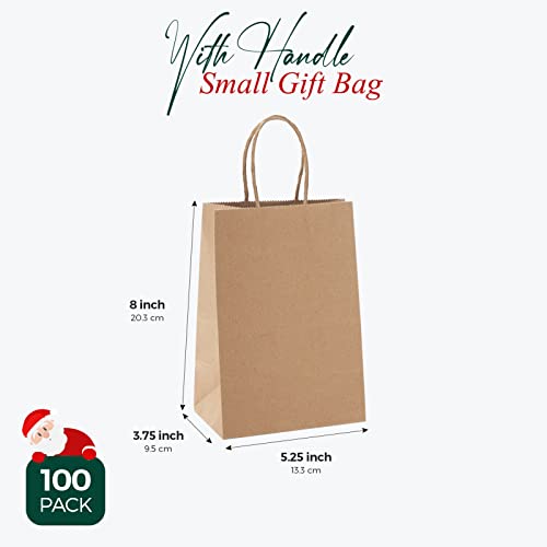 METRONIC Paper Gift Bags 5.25x3.75x8'' 100Pcs Brown Paper Bags with Handles Bulk, Kraft Paper Bags for Small Business, Birthday Wedding Party Favor Bags, Christmas Gift bags, Retail shopping Bags