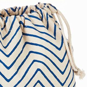 Hallmark 19" Large Fabric Drawstring Gift Bag (Ivory and Blue Chevron Stripe) Reusable Wrap for Christmas, Hanukkah, Father's Day, Birthdays