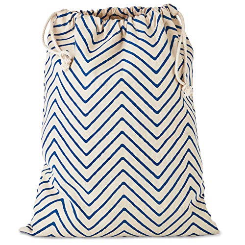 Hallmark 19" Large Fabric Drawstring Gift Bag (Ivory and Blue Chevron Stripe) Reusable Wrap for Christmas, Hanukkah, Father's Day, Birthdays