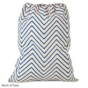 Hallmark 19" Large Fabric Drawstring Gift Bag (Ivory and Blue Chevron Stripe) Reusable Wrap for Christmas, Hanukkah, Father's Day, Birthdays