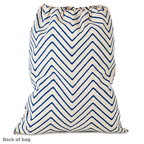 Hallmark 19" Large Fabric Drawstring Gift Bag (Ivory and Blue Chevron Stripe) Reusable Wrap for Christmas, Hanukkah, Father's Day, Birthdays