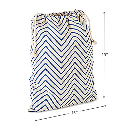 Hallmark 19" Large Fabric Drawstring Gift Bag (Ivory and Blue Chevron Stripe) Reusable Wrap for Christmas, Hanukkah, Father's Day, Birthdays