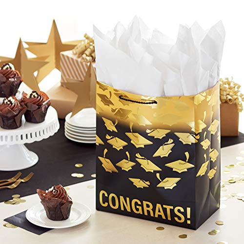 Hallmark 13" Large Graduation Gift Bag with Tissue Paper (Gold and Black, "Congrats!") for High School, College, Kindergarten, 8th Grade and More