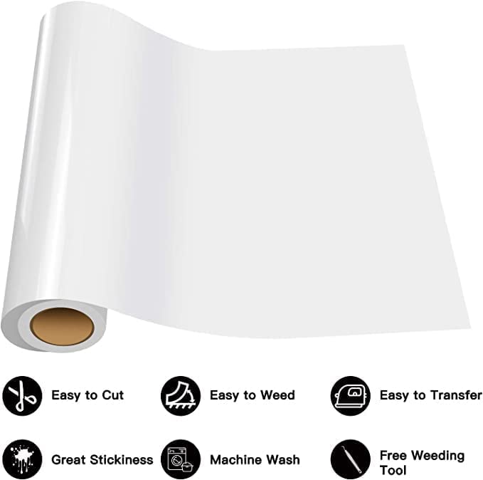 Heat Transfer Vinyl White HTV Rolls - 12" x 20ft White Iron on Vinyl for All Cutter Machine, White HTV Vinyl for Shirts - Easy to Cut & Weed for Heat Vinyl Design