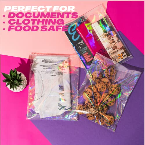 Holographic Resealable Bags For Small Business - These Cellophane Bags Self Adhesive For Convenient Packaging And Poly Bags With Suffocation Warning Offer A Premium Customer Experience - 10x13" 100 pk