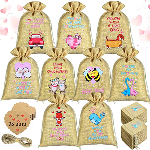 36 Pack Valentine Drawstrings Canvas Bags with Heart Tag and Rope, Valentine Gift Bags 6 x 5 In Anniversary Small Drawstring Bags Gift Wrap Bags for Valentine's Day Bridal Shower Wedding Party Favor