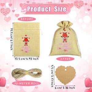 36 Pack Valentine Drawstrings Canvas Bags with Heart Tag and Rope, Valentine Gift Bags 6 x 5 In Anniversary Small Drawstring Bags Gift Wrap Bags for Valentine's Day Bridal Shower Wedding Party Favor