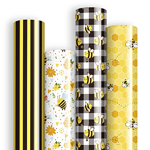 Whaline 12 Sheet Bee Wrapping Paper 4 Style Cute Bee Pattern Wrapping Paper Folded Buffalo Plaids Stripe Bee Art Paper 19.7 x 27.6in for Spring Summer Holiday Birthday Gift Wrap DIY Craft, Not Roll