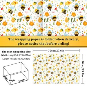 Whaline 12 Sheet Bee Wrapping Paper 4 Style Cute Bee Pattern Wrapping Paper Folded Buffalo Plaids Stripe Bee Art Paper 19.7 x 27.6in for Spring Summer Holiday Birthday Gift Wrap DIY Craft, Not Roll