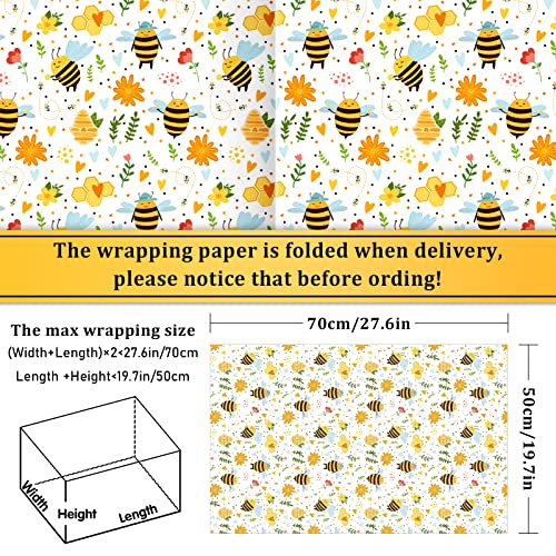 Whaline 12 Sheet Bee Wrapping Paper 4 Style Cute Bee Pattern Wrapping Paper Folded Buffalo Plaids Stripe Bee Art Paper 19.7 x 27.6in for Spring Summer Holiday Birthday Gift Wrap DIY Craft, Not Roll