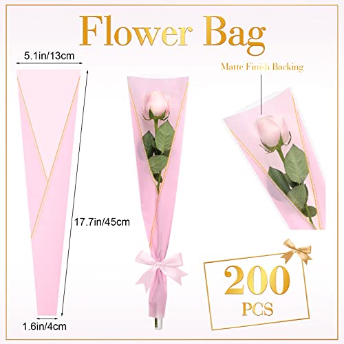 Set of 400 Flower Packaging Kit 200 Pcs Single Rose Sleeves Bulk Flower Wrapping Paper Bouquet Bags 200 Pcs Plastic Flower Water Tubes for Mothers Day Wedding Birthday (Pink)