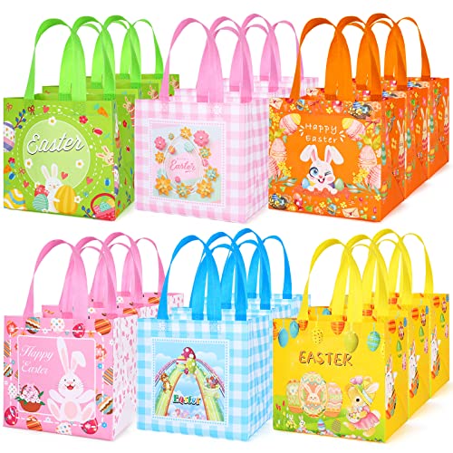 YANGTE Easter Bags 18 packs, Easter Baskets with Handle Gift Bags Reusable Non-Woven Tote Bags for Easter Holiday Spring Party Supplies Open Size 12.4 * 9.84 * 6.69 in