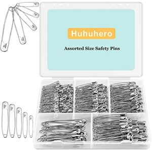 safety pins assorted, 340 pcs nickel plated steel large safety pins heavy duty, 5 different sizes safety pin, safety pins bulk, small safety pins for pinning, sewing, jackets, clothes, crafts (silver)