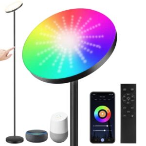 smart rgb floor lamp works with alexa google home wifi app remote, multi-color changing & dimmable modern tall standing light, angle adjustable led floor lamp for living room, bedroom, party (black)