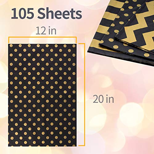 Ueerdand 105 Sheets Gold Black Tissue Paper, Christmas Metallic Gift Wrapping Paper Bulk for New Year Gift Bags, Birthday, Graduation, DIY Shipping Crafts, 20 Inch x 12 Inch