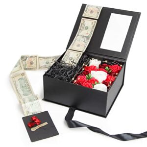 money pull box for cash gift – gift box with lid and ribbon, 9.8 x 8.4 x 4.3 inch luxury money pull out flower gift box, unique birthday surprise gift box for wife, girlfriend, mother, friend (black)