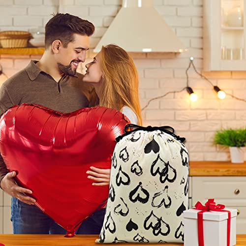 EYNDYN 6pcs Large Canvas Gift Bags Large Gift Bag with Drawstring Heart Print Drawstring Present Wedding Bags Wrapping Reusable Bag Present Wrap Bags for Valentine's Day Party Favors, 16 X 12 In