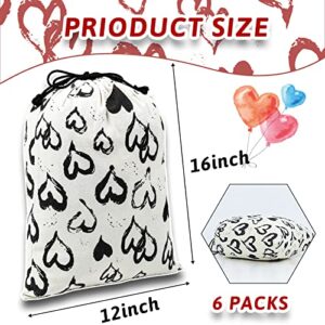 EYNDYN 6pcs Large Canvas Gift Bags Large Gift Bag with Drawstring Heart Print Drawstring Present Wedding Bags Wrapping Reusable Bag Present Wrap Bags for Valentine's Day Party Favors, 16 X 12 In