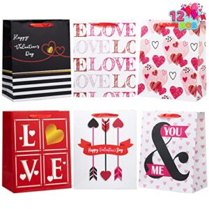 joyin 12 pcs valentines day paper gift bags with handle 13×10.5 inch, elegant coated art paper wrapping bags cardboard bags for valentine’s day party favors funny gift exchange novelty gift giving gift wrapping