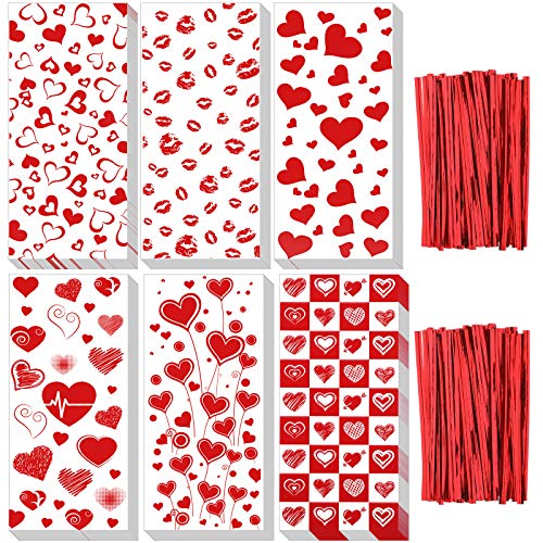 Zonon 150 Pieces Valentine Cellophane Bags Valentine Candy Bags Valentines Favor Treat Goodies Bags with 200 Pieces Twist Ties for Valentine Party Holiday Supplies