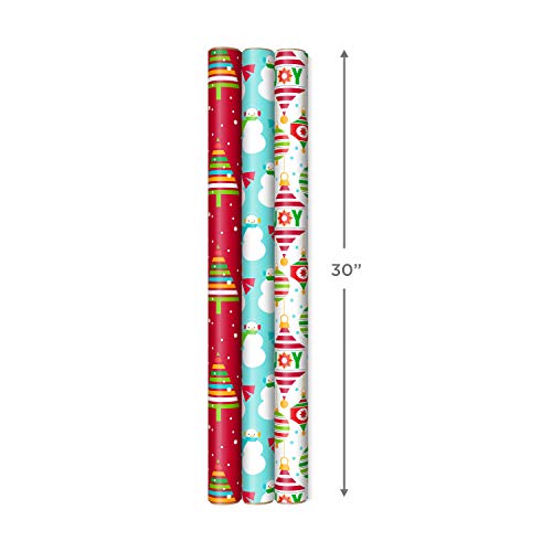 Hallmark Reversible Christmas Wrapping Paper for Kids (3 Rolls: 120 sq. ft. ttl) Orange and Teal Stripes, Trees, Ornaments, Polka Dots