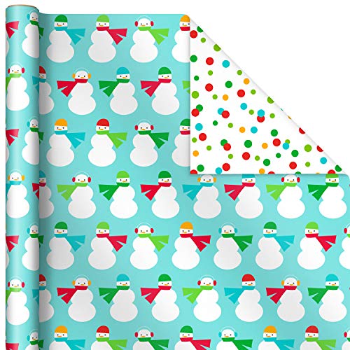 Hallmark Reversible Christmas Wrapping Paper for Kids (3 Rolls: 120 sq. ft. ttl) Orange and Teal Stripes, Trees, Ornaments, Polka Dots