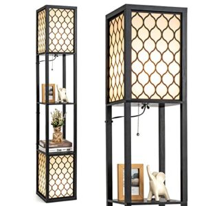 tangkula modern shelf floor lamp, freestanding double lamp w/ 2-tier wood shelf & white lampshade, e26 bulb base, pull chain & foot switch, display floor light for living room bedroom office