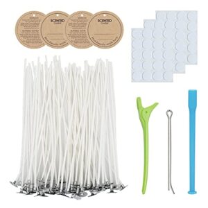 candmak candle wick kit, 60pcs candle wicks with wick stickers, wick holders and candle tags for candle making (thick 4″+6″+8″)