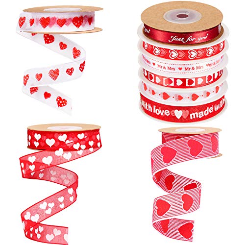 9 Rolls Valentine's Day Ribbons with Heart Printed and Sweet Words Love Ribbon Totally 65 Yards Assorted Ribbons in Different Width for DIY Wrapping, Hair Bow Clips, Party Decorating