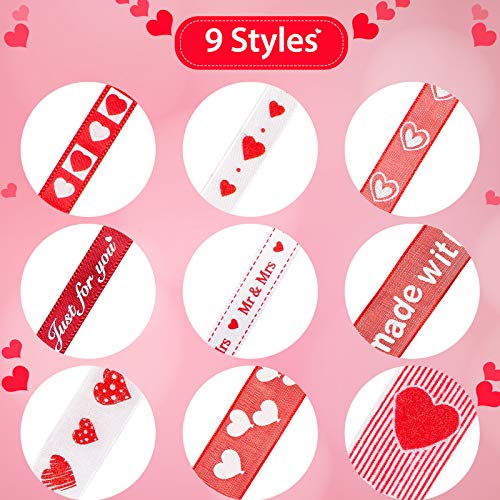 9 Rolls Valentine's Day Ribbons with Heart Printed and Sweet Words Love Ribbon Totally 65 Yards Assorted Ribbons in Different Width for DIY Wrapping, Hair Bow Clips, Party Decorating