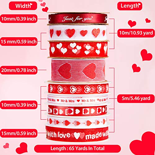 9 Rolls Valentine's Day Ribbons with Heart Printed and Sweet Words Love Ribbon Totally 65 Yards Assorted Ribbons in Different Width for DIY Wrapping, Hair Bow Clips, Party Decorating