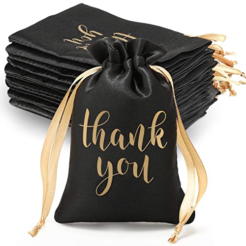 Sieral 50 Pcs Thank You Satin Gift Bags 4 x 6 Inch Drawstring Jewelry Pouches Candy for Wedding Party Baby Shower Favor Thanksgiving Christmas Holiday (Black), 1.0 Count