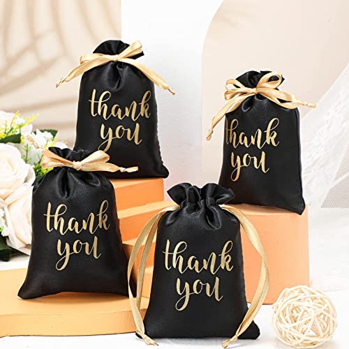 Sieral 50 Pcs Thank You Satin Gift Bags 4 x 6 Inch Drawstring Jewelry Pouches Candy for Wedding Party Baby Shower Favor Thanksgiving Christmas Holiday (Black), 1.0 Count