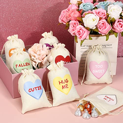 LEIFIDE 24 Pcs Valentine's Day Heart Burlap Bags with Drawstring Small Gift Bags Burlap Treat Bags Valentines Party Favor Pouches Candy Bags for Valentines Wedding Shower Party DIY Craft, 4 x 6 Inch