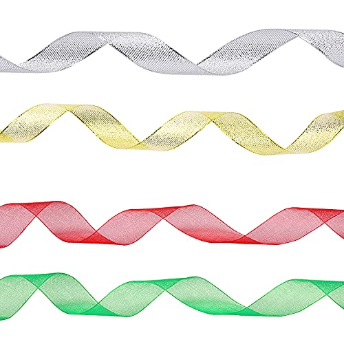 Livder 4 Rolls 4/5 Inch in Width Christmas Metallic Glitter Organza Ribbons Golden, Silvery, Red, Green Ribbon for Gift Wrapping, Christmas Tree Room Decoration