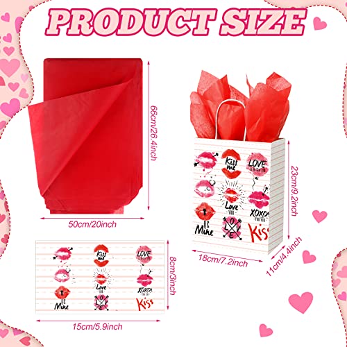 24 Pcs Valentine's Day Gift Bag Valentine's Kraft Paper Bags with Red Tissue Paper Heart Shaped Treat Goodies Bag Wrapping for Wedding Valentines Party Favor Decorations Kids Classroom Exchange Prizes