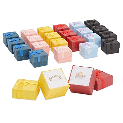 Juvale 24 Count Ring Gift Box Set with Bow for Anniversaries, Weddings, Birthdays (6 Colors, 1.6 x 1.2 in)