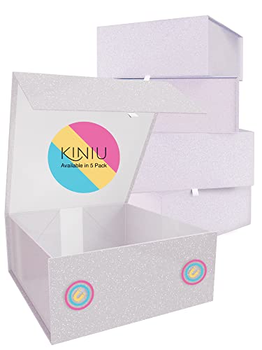 kiniu 5 Glitter Gift Boxes with Lids Bulk 9.25x9.25x3.75 Inches - Collapsible Gift Box with Lid and Tissue Paper - Magnetic Boxes for Gifts, Groomsman Box Proposal, Wedding, Birthday, Christmas (Glitter)