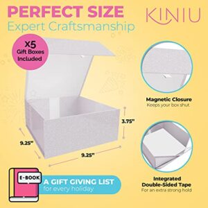 kiniu 5 Glitter Gift Boxes with Lids Bulk 9.25x9.25x3.75 Inches - Collapsible Gift Box with Lid and Tissue Paper - Magnetic Boxes for Gifts, Groomsman Box Proposal, Wedding, Birthday, Christmas (Glitter)