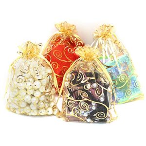 Staruby Organza Gift Bags 100Pcs Gold Sheer Organza Bag 4x6 Inch Mesh Favor Bags Drawstring Jewelry Rattan Printed Gift Pouches for Wedding Party Favors Baby Shower Christmas Gifts Candy Bags