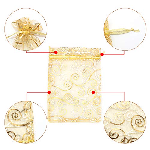 Staruby Organza Gift Bags 100Pcs Gold Sheer Organza Bag 4x6 Inch Mesh Favor Bags Drawstring Jewelry Rattan Printed Gift Pouches for Wedding Party Favors Baby Shower Christmas Gifts Candy Bags