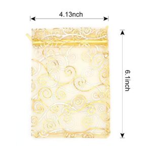 Staruby Organza Gift Bags 100Pcs Gold Sheer Organza Bag 4x6 Inch Mesh Favor Bags Drawstring Jewelry Rattan Printed Gift Pouches for Wedding Party Favors Baby Shower Christmas Gifts Candy Bags