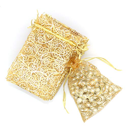 Staruby Organza Gift Bags 100Pcs Gold Sheer Organza Bag 4x6 Inch Mesh Favor Bags Drawstring Jewelry Rattan Printed Gift Pouches for Wedding Party Favors Baby Shower Christmas Gifts Candy Bags