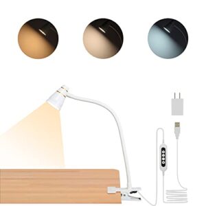 alampever led clip desk lamp,3 color modes book light,10-level adjustable brightness dimmer desk lamp with adapter, cri 90+ eye protection clip on desk light with 2700-6500k usb clamp light-white