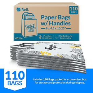 Reli. Paper Bags | 110 Pcs Bulk | 8"x4.5"x10.25" | Paper Thank You Bags | White Paper Bags with Handles, Printed | Small Thank You Gift Bags for Guests | Gifts, Wedding, Merchandise, Business