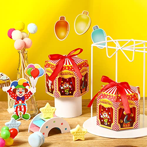 Carnival Treat Boxes Circus Cupcake Paper Candy Boxes Red White Stripes Carnival Paper Favor Boxes Carnival Goody Gift Decorations for Carnival Theme Birthday Halloween Holiday Celebration (24 Pcs)