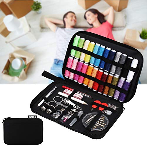 JUNING Sewing Kit with Case, 130 pcs Sewing Supplies for Home Travel and Emergency, Kids Machine, Contains 24 Spools of Thread of 100m, Mending and Sewing Needles, Scissors, Thimble, Tape Measure etc