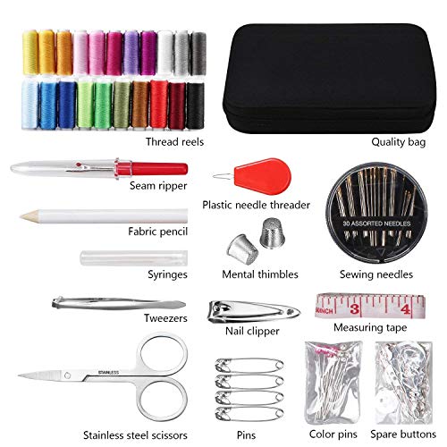 JUNING Sewing Kit with Case, 130 pcs Sewing Supplies for Home Travel and Emergency, Kids Machine, Contains 24 Spools of Thread of 100m, Mending and Sewing Needles, Scissors, Thimble, Tape Measure etc